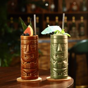 SUN GKOTTA Tiki Glasses for Cocktails Tiki Mugs Set of 2 Ceramic Tiki Party Cups Bar Decor Creative Tiki Mug Set Large Hawaiian Glasses Tiki Drinking Bar Decorations with Coaster and Straws