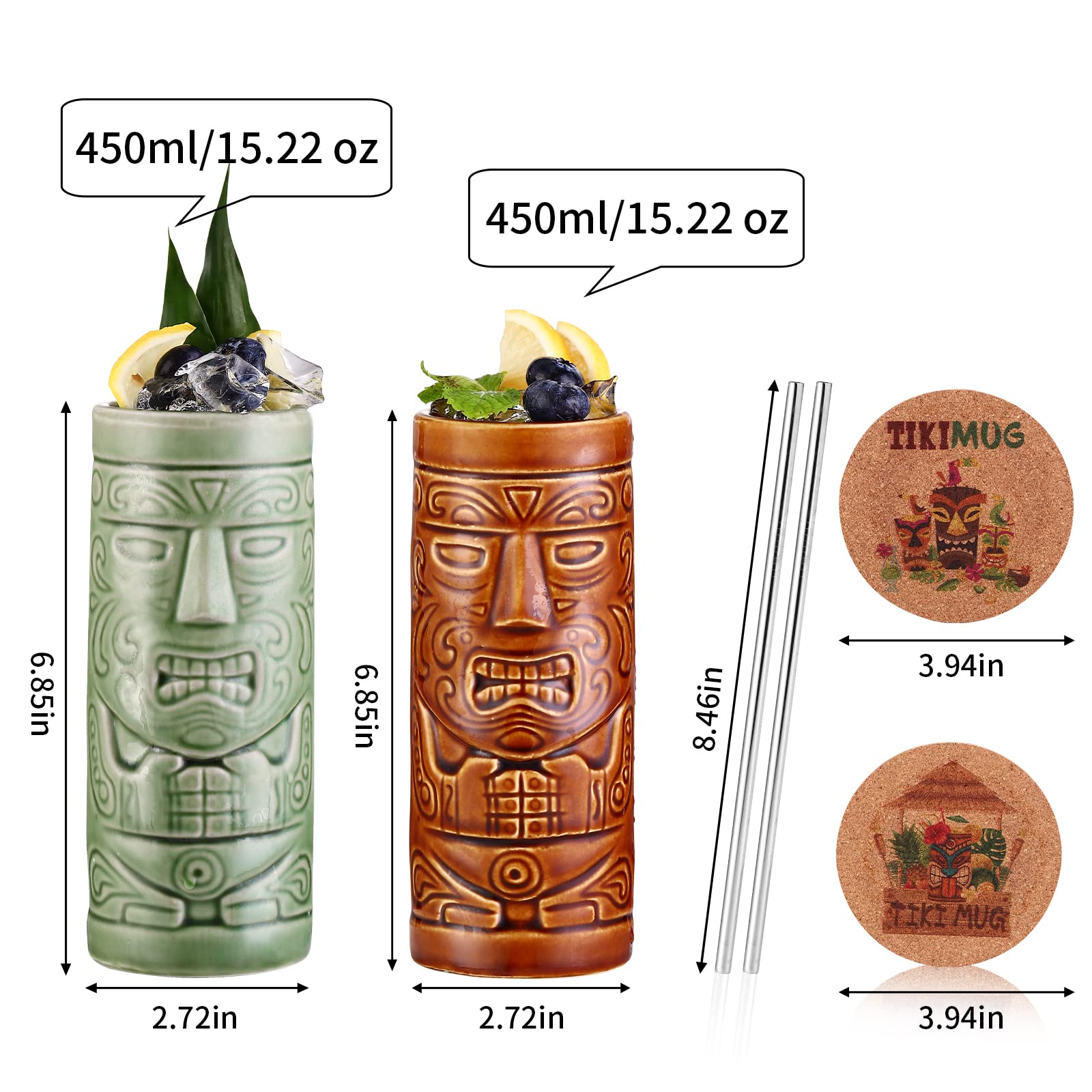 SUN GKOTTA Tiki Glasses for Cocktails Tiki Mugs Set of 2 Ceramic Tiki Party Cups Bar Decor Creative Tiki Mug Set Large Hawaiian Glasses Tiki Drinking Bar Decorations with Coaster and Straws