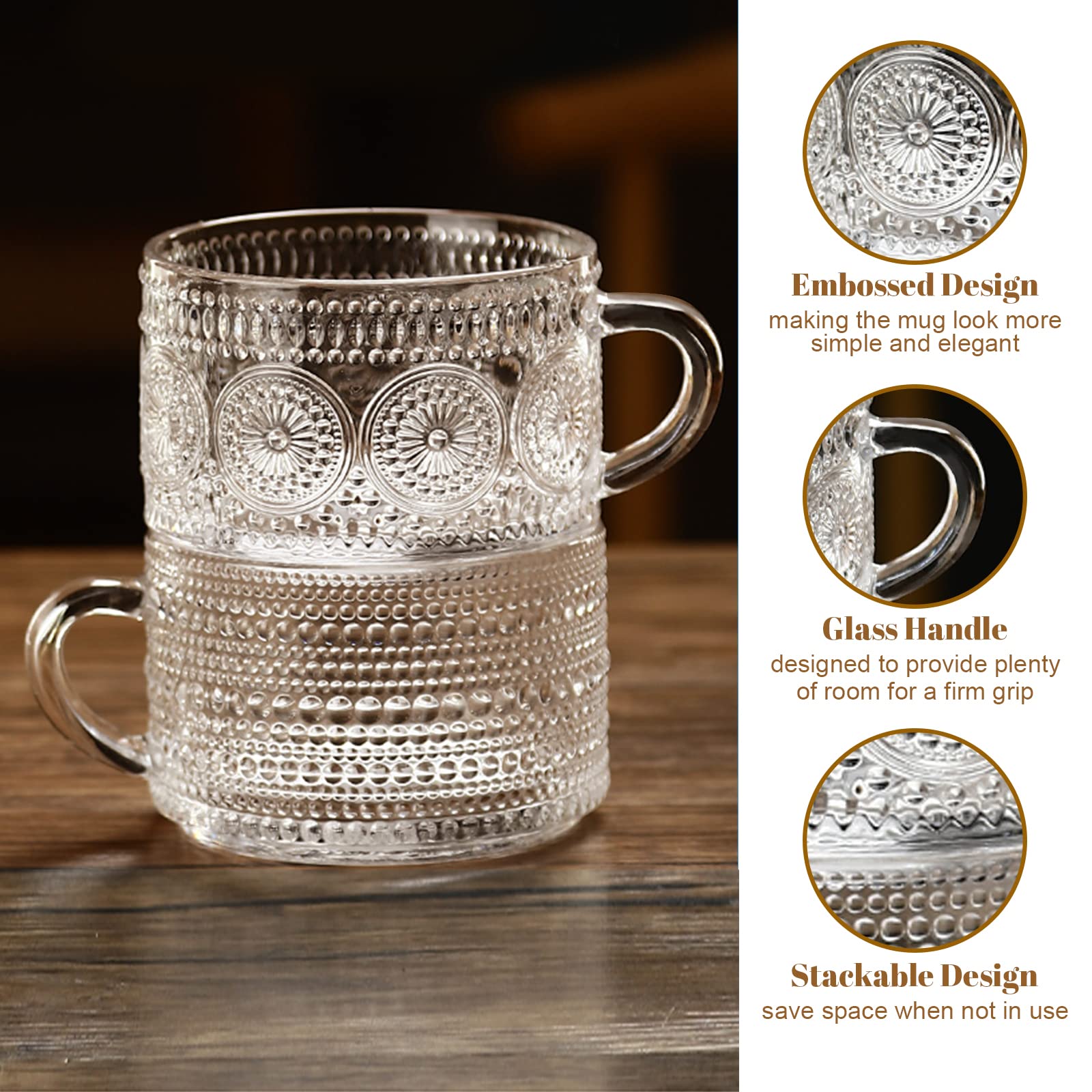 CIOUYAOS 2 Set Vintage Glass Coffee Mugs, Large Clear Cups with 2pcs Spoons 2pcs Glass Saucer, Can Shaped Sunflower Beads Coupe and Coasters for Cappuccino, Latte, Tea, Hot Beverages, Yogurt,milk