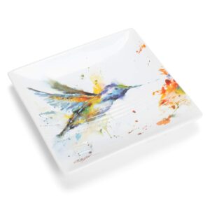 dean crouser hummingbird watercolor blue on white 7 x 7 glossy stoneware snack plate