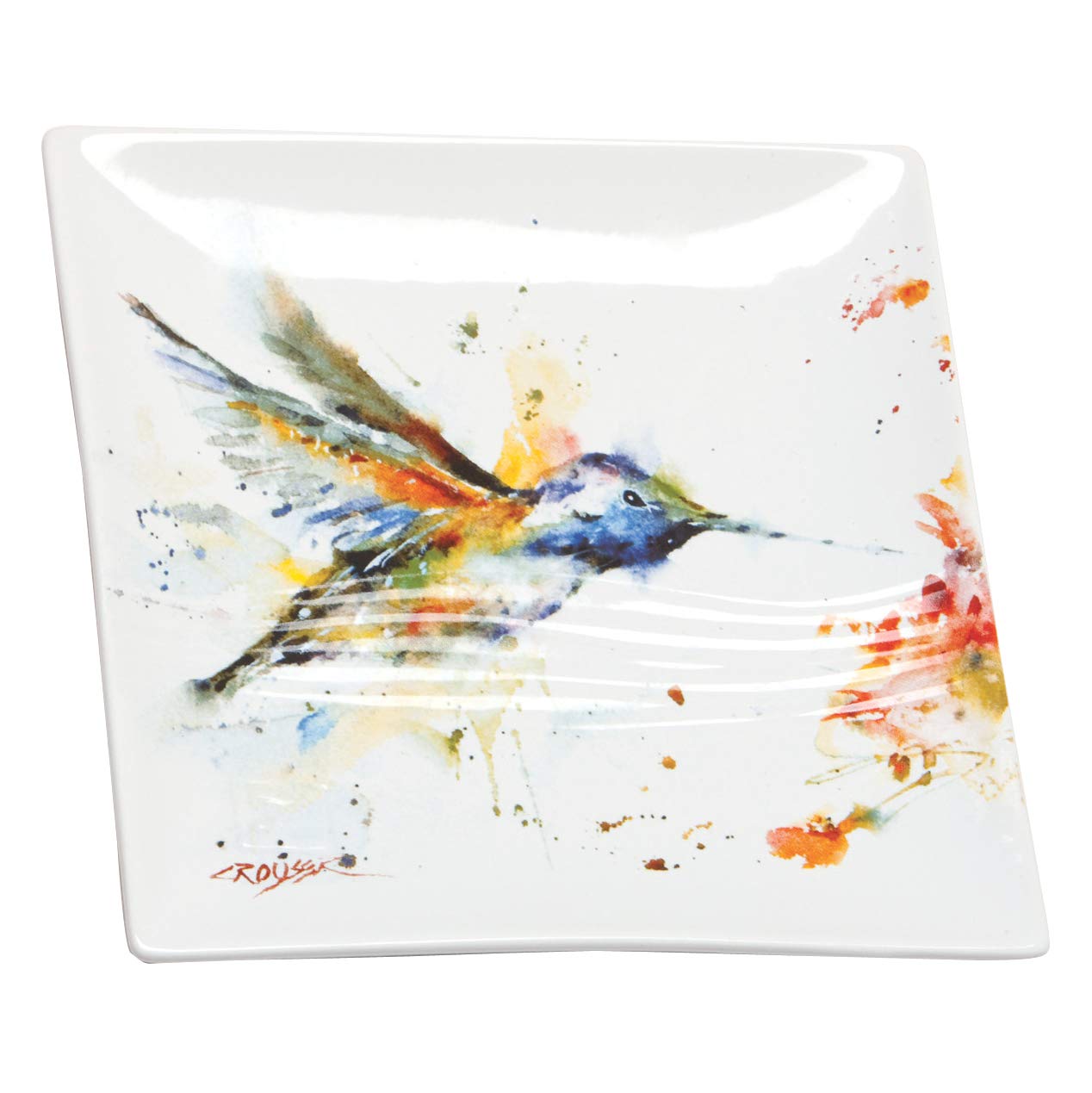 Dean Crouser Hummingbird Watercolor Blue On White 7 x 7 Glossy Stoneware Snack Plate