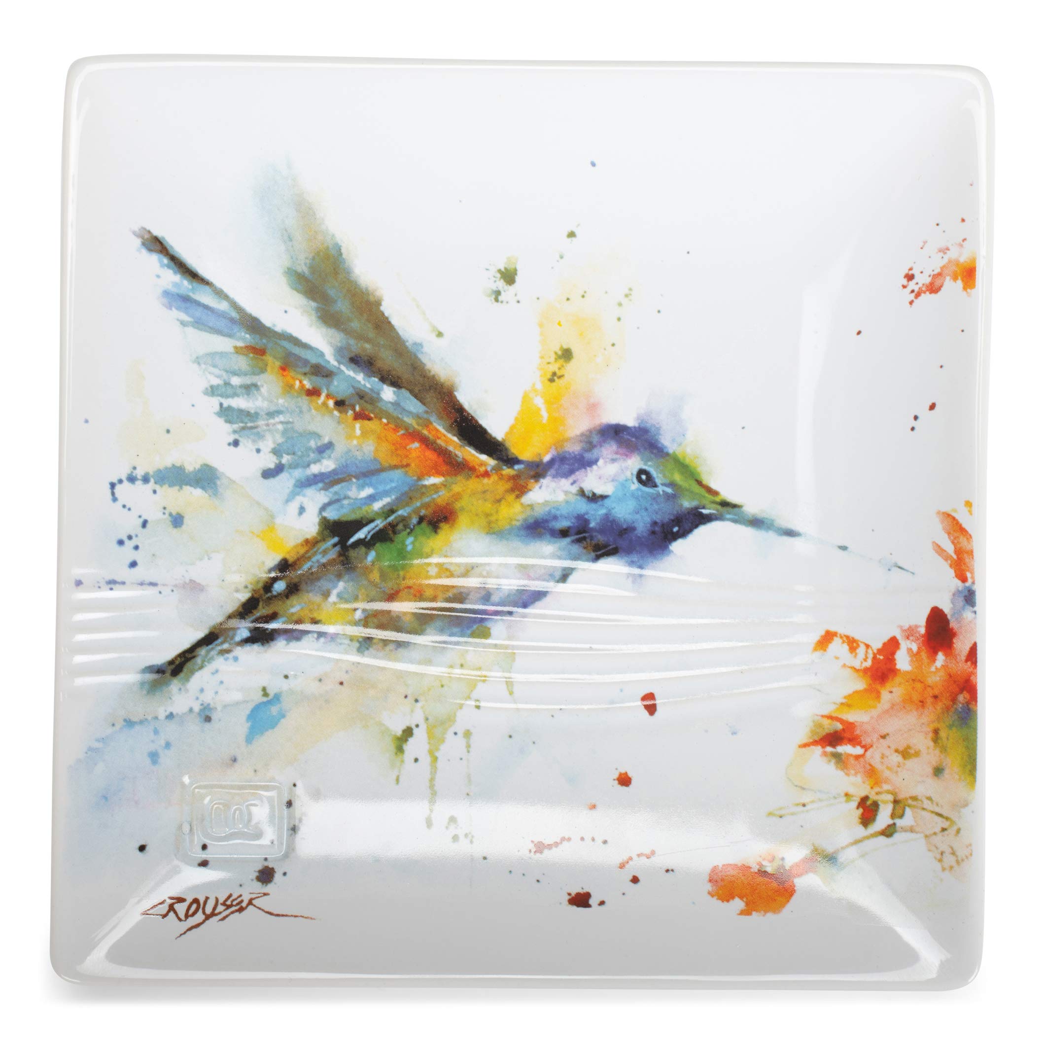 Dean Crouser Hummingbird Watercolor Blue On White 7 x 7 Glossy Stoneware Snack Plate