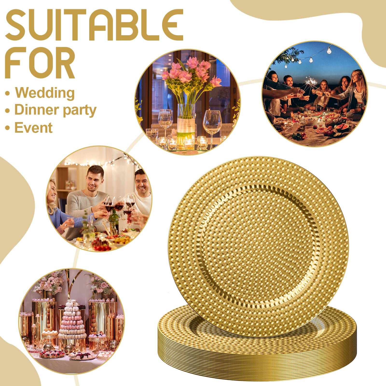 18 Pcs Round Charger Plates 13 inch Decorative Plastic Chargers for Dinner Plates Reusable Elegant Serving Plate with Hammered Edge for Wedding Dinner Party Event Dining Table Decoration (Gold)