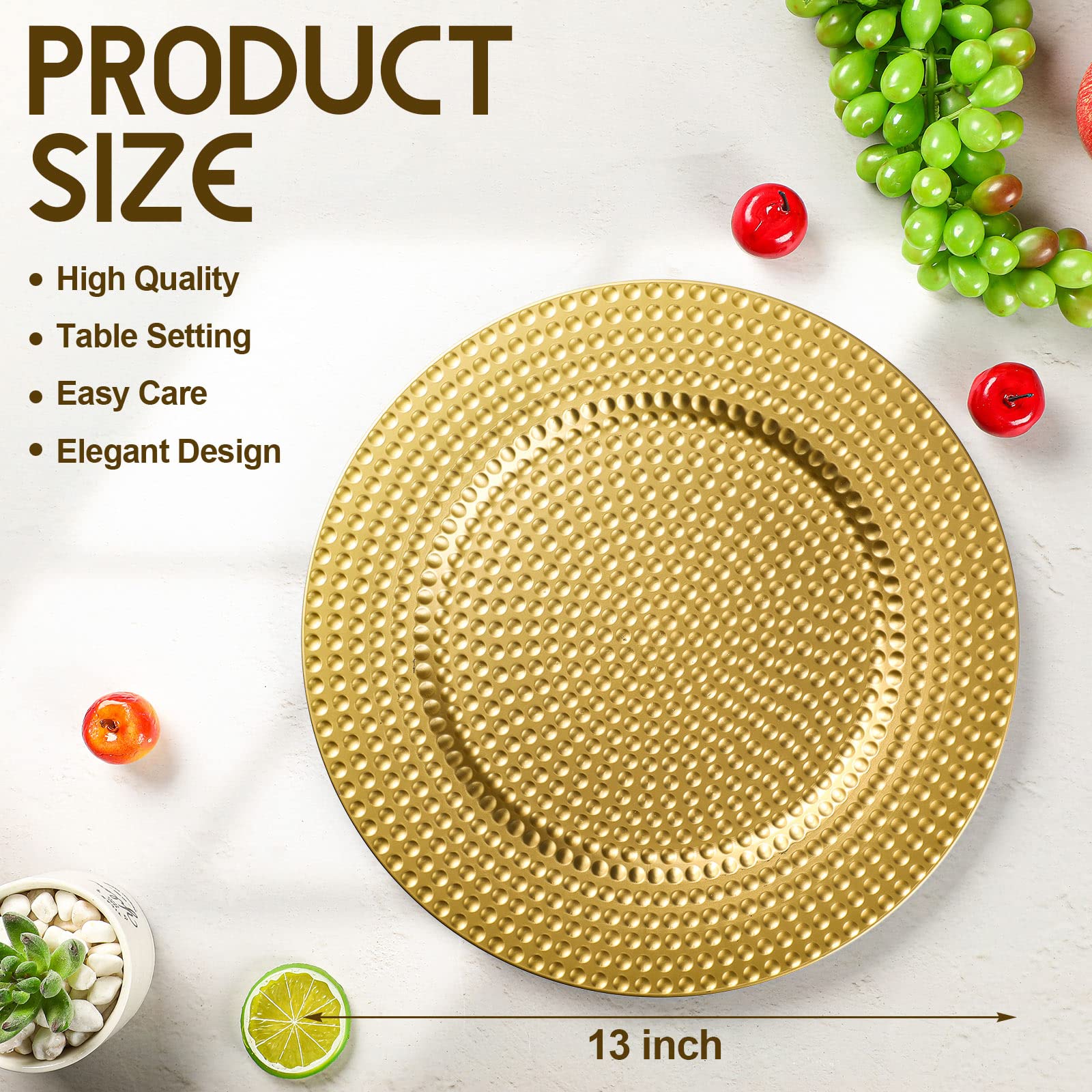 18 Pcs Round Charger Plates 13 inch Decorative Plastic Chargers for Dinner Plates Reusable Elegant Serving Plate with Hammered Edge for Wedding Dinner Party Event Dining Table Decoration (Gold)