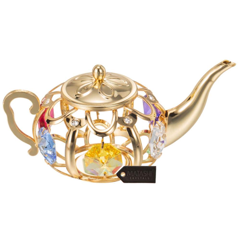 Matashi 24K Gold Plated Highly Polished Teapot Ornament with Crystals Tabletop Showpiece - Great Gift for Valentine's Day Birthday Anniversary, Home Decor