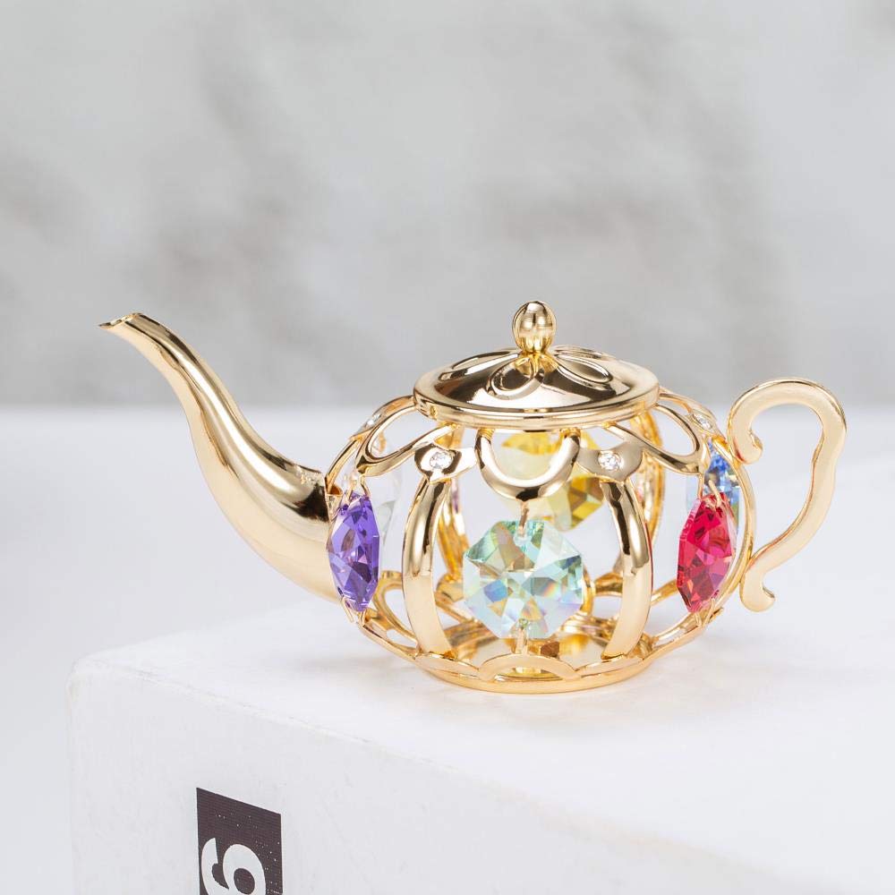 Matashi 24K Gold Plated Highly Polished Teapot Ornament with Crystals Tabletop Showpiece - Great Gift for Valentine's Day Birthday Anniversary, Home Decor