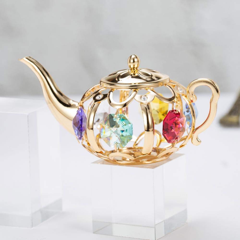 Matashi 24K Gold Plated Highly Polished Teapot Ornament with Crystals Tabletop Showpiece - Great Gift for Valentine's Day Birthday Anniversary, Home Decor