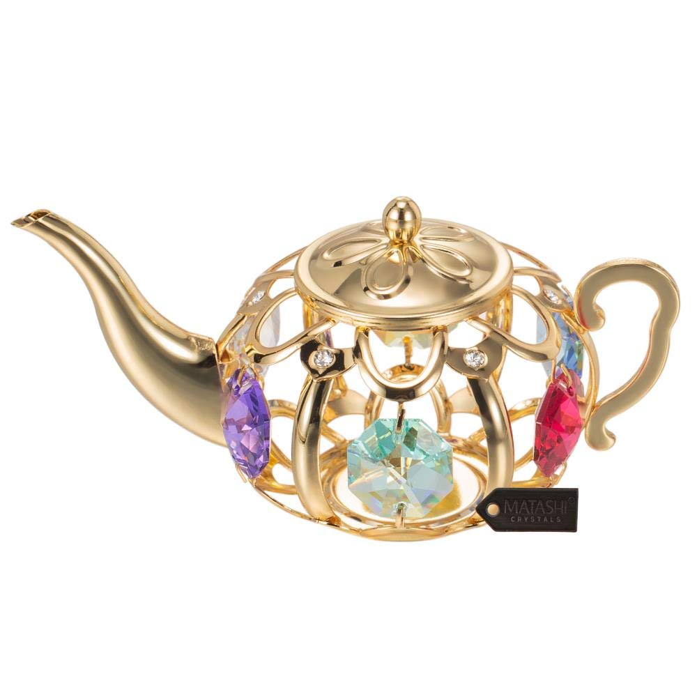 Matashi 24K Gold Plated Highly Polished Teapot Ornament with Crystals Tabletop Showpiece - Great Gift for Valentine's Day Birthday Anniversary, Home Decor