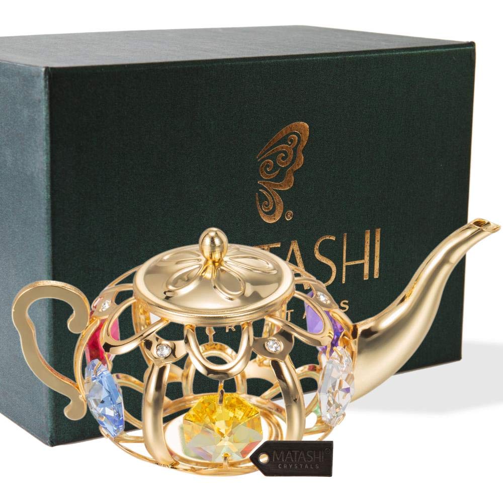 Matashi 24K Gold Plated Highly Polished Teapot Ornament with Crystals Tabletop Showpiece - Great Gift for Valentine's Day Birthday Anniversary, Home Decor