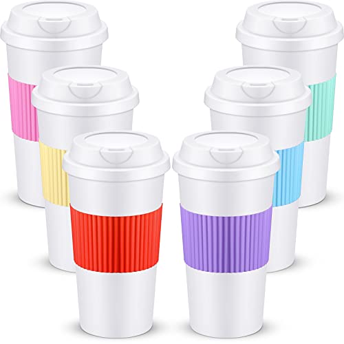 Inbagi 6 Pieces Reusable Coffee Mugs with Lids 16oz Plastic Coffee Cups with Silicone Sleeve Dishwasher and Microwave Safe Durable Travel Mugs for Cappuccino Latte Tea Espresso Hot Chocolate