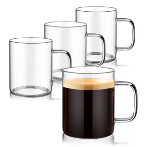 punpun 17oz. / 500 ml large clear glass coffee mugs set of 4, clear espresso cups, large wide mouth glass mugs with big handle, heatable coffee mugs for cappuccinos and juice glass cups