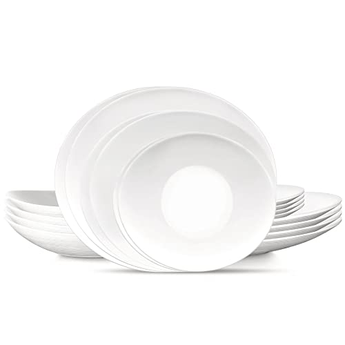 Bormioli Rocco Prometeo 18 Piece Dinnerware, Sets For 6, Tempered Opal Glass, Clean White, Curved Design With External Textures, Dishwasher & Microwave Safe.