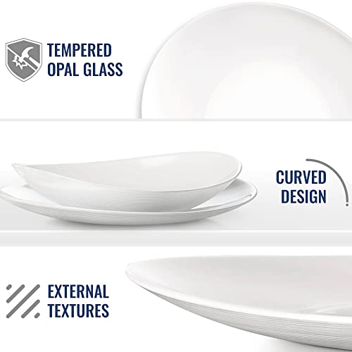 Bormioli Rocco Prometeo 18 Piece Dinnerware, Sets For 6, Tempered Opal Glass, Clean White, Curved Design With External Textures, Dishwasher & Microwave Safe.