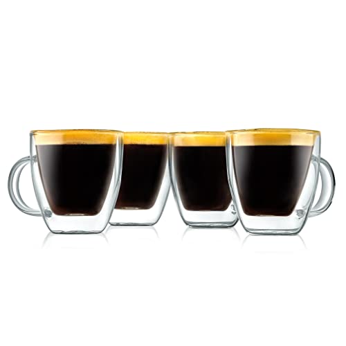 NutriChef Double Wall Insulated Cups - 4pcs 5.2 oz High Borosilicate Glass Sweat Free Mugs Clear Drinkware for Hot/Cold Drinks, Coffee, Espresso, Cappuccino, Latte, Tea, Microwavable, Dishwasher Safe