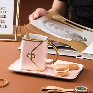 LISANEK Ceramic Coffee Mug with Saucer Set,Creative Cup Cute Handbag Shaped Mug and Saucer,10 oz/300 ml Coffee Tea Latte Milk Mugs for Home Office (Pink)