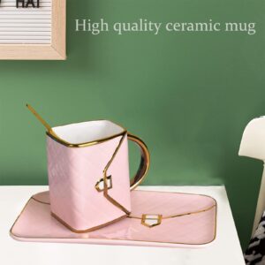 LISANEK Ceramic Coffee Mug with Saucer Set,Creative Cup Cute Handbag Shaped Mug and Saucer,10 oz/300 ml Coffee Tea Latte Milk Mugs for Home Office (Pink)