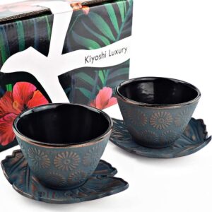 kiyoshi luxury 4pc japanese tea cups set. black and silver cast iron tea cup set, 2 tea cups and saucers. 4oz teacup set for any japanese tea set or teapot.