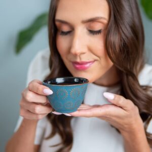 KIYOSHI Luxury 4pc Japanese Tea Cups Set. Black and Silver Cast Iron Tea Cup Set, 2 Tea Cups and Saucers. 4oz Teacup Set For Any Japanese Tea Set or Teapot.