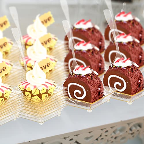 XUWAIDSGN 50 Pieces Mini Gold dessert plates 2.4 inch disposable Small Appetizer Plates with Forks Spoons Set Gold Glitter Plastic Square Tasting Sample Plates Party Mini Serving Tray for Appetizers