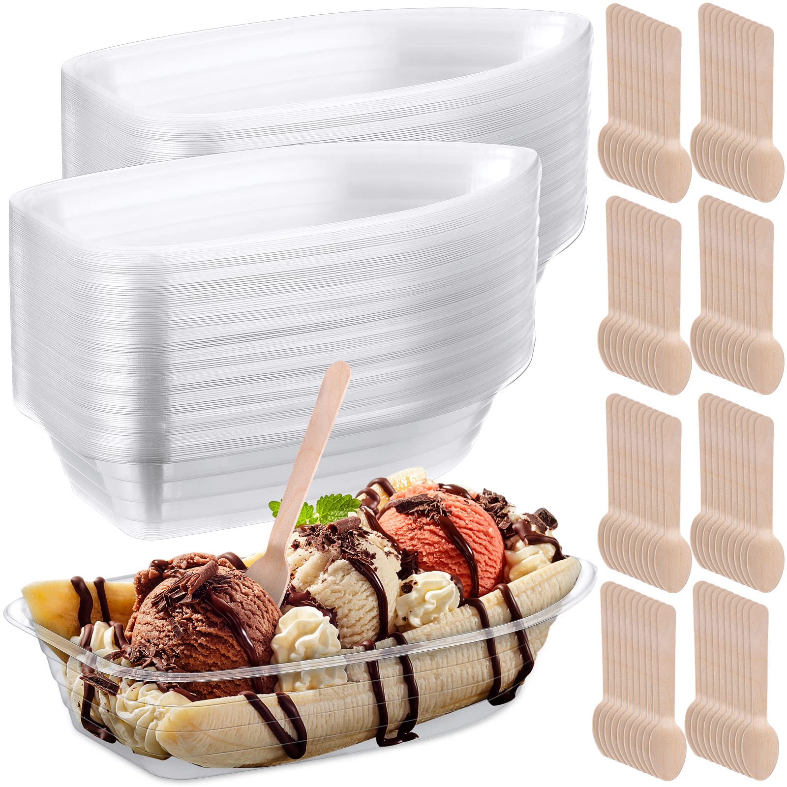 Meanplan 100 Sets Banana Split Boats 100pc 12 oz Ice Cream Sundae Bowls with 100 Wooden Spoons Disposable Clear Plastic Banana Split Bowls Dessert Splits Bowl Tray for Dessert Kids Birthday Party Dish