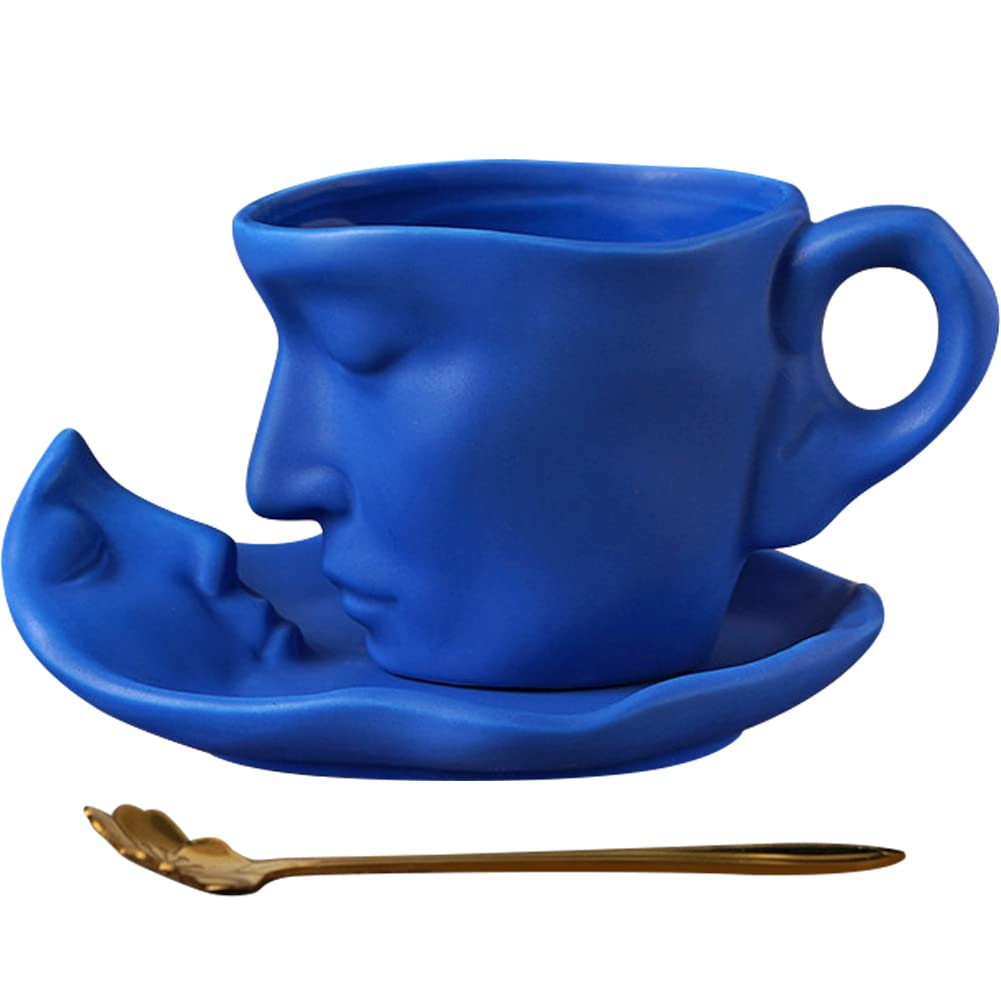 BETYMAO Romantic Ceramic Face Coffee Cup Saucer Set Coffee Mug with Plate and Spoon Espresso Cup Saucer Cappuccino Mug with Saucer Tea Cup Saucer for Dining Table Decoration Blue