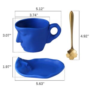 BETYMAO Romantic Ceramic Face Coffee Cup Saucer Set Coffee Mug with Plate and Spoon Espresso Cup Saucer Cappuccino Mug with Saucer Tea Cup Saucer for Dining Table Decoration Blue