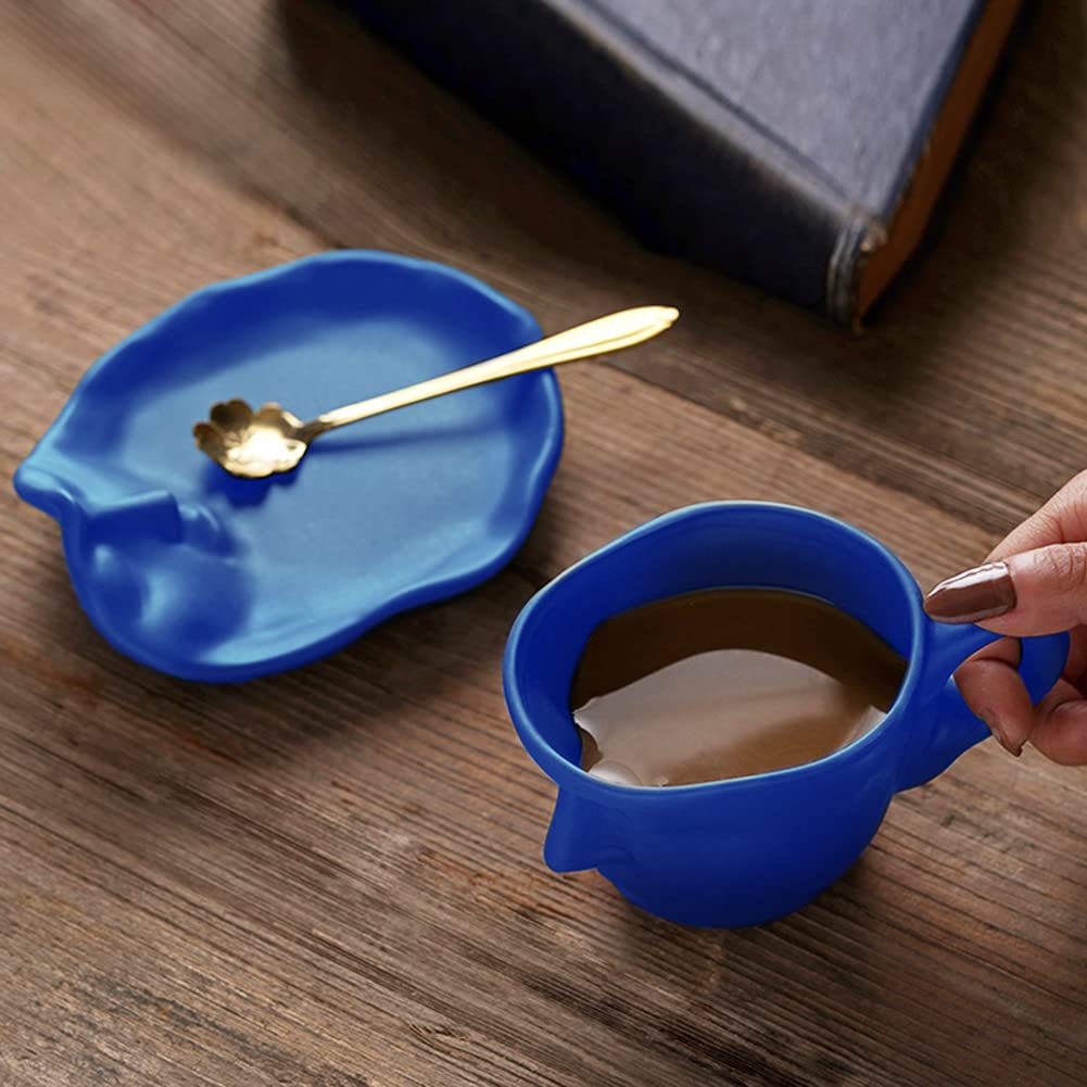 BETYMAO Romantic Ceramic Face Coffee Cup Saucer Set Coffee Mug with Plate and Spoon Espresso Cup Saucer Cappuccino Mug with Saucer Tea Cup Saucer for Dining Table Decoration Blue