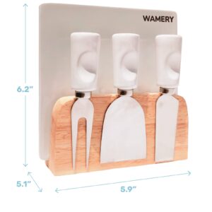 Wamery Cheese Knife Set - 3 Stainless Steel Cheese Knife Set for Charcuterie Board and Small Ceramic Cheese Cutting Board with Magnetic Wooden Holder Portable for Pairing with Wine Meat Fruit