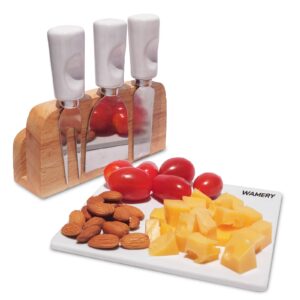 Wamery Cheese Knife Set - 3 Stainless Steel Cheese Knife Set for Charcuterie Board and Small Ceramic Cheese Cutting Board with Magnetic Wooden Holder Portable for Pairing with Wine Meat Fruit