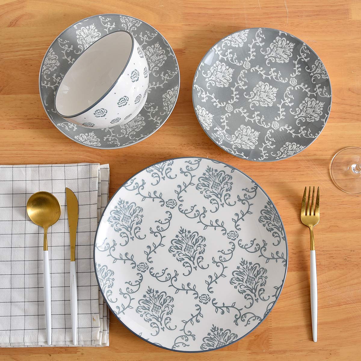 Original Heart 12-Pieces Dinnerware Sets Ceramic Dish Set, Plates and Bowls Sets, Dishes Set for 4, Nonstick Plate Set, Durable Stoneware Plates, Dishes, Soup and Cereal Bowls, Grey, for kitchen