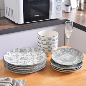 Original Heart 12-Pieces Dinnerware Sets Ceramic Dish Set, Plates and Bowls Sets, Dishes Set for 4, Nonstick Plate Set, Durable Stoneware Plates, Dishes, Soup and Cereal Bowls, Grey, for kitchen