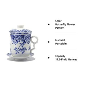 BandTie Convenient Travel Office Loose Leaf Tea Brewing System-Chinese Jingdezhen Blue and White Porcelain Tea Cup Infuser 4-Piece Set with Tea Cup Lid and Saucer (Butterfly Flower Pattern)