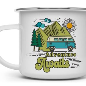 Adventure Awaits Retro Camper Coffee Mug, Nature Wanderlust Van Life Campfire Cup, Mountain Hiking Camping Lover Gift (16oz)