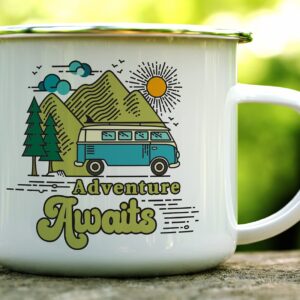 Adventure Awaits Retro Camper Coffee Mug, Nature Wanderlust Van Life Campfire Cup, Mountain Hiking Camping Lover Gift (16oz)