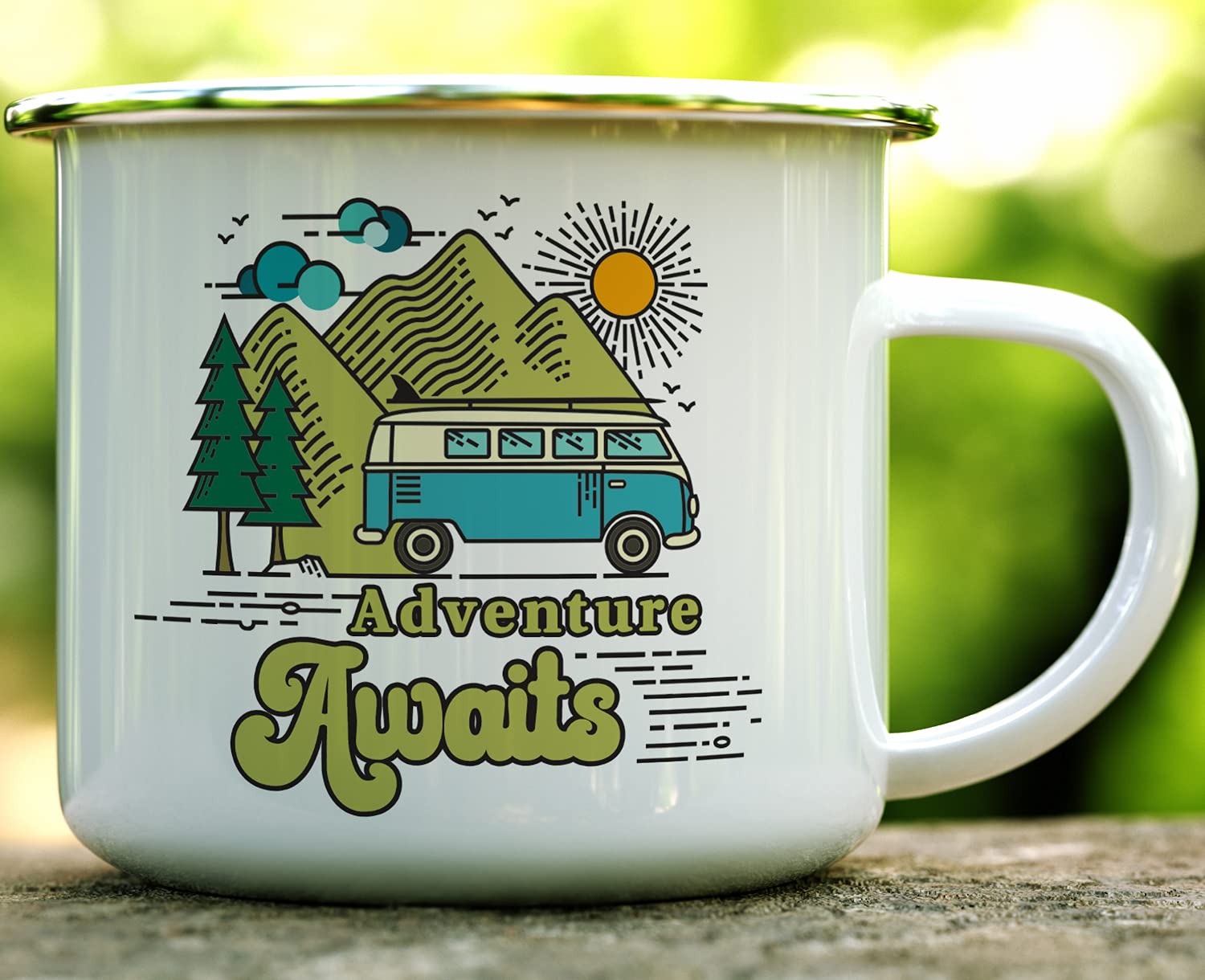 Adventure Awaits Retro Camper Coffee Mug, Nature Wanderlust Van Life Campfire Cup, Mountain Hiking Camping Lover Gift (16oz)