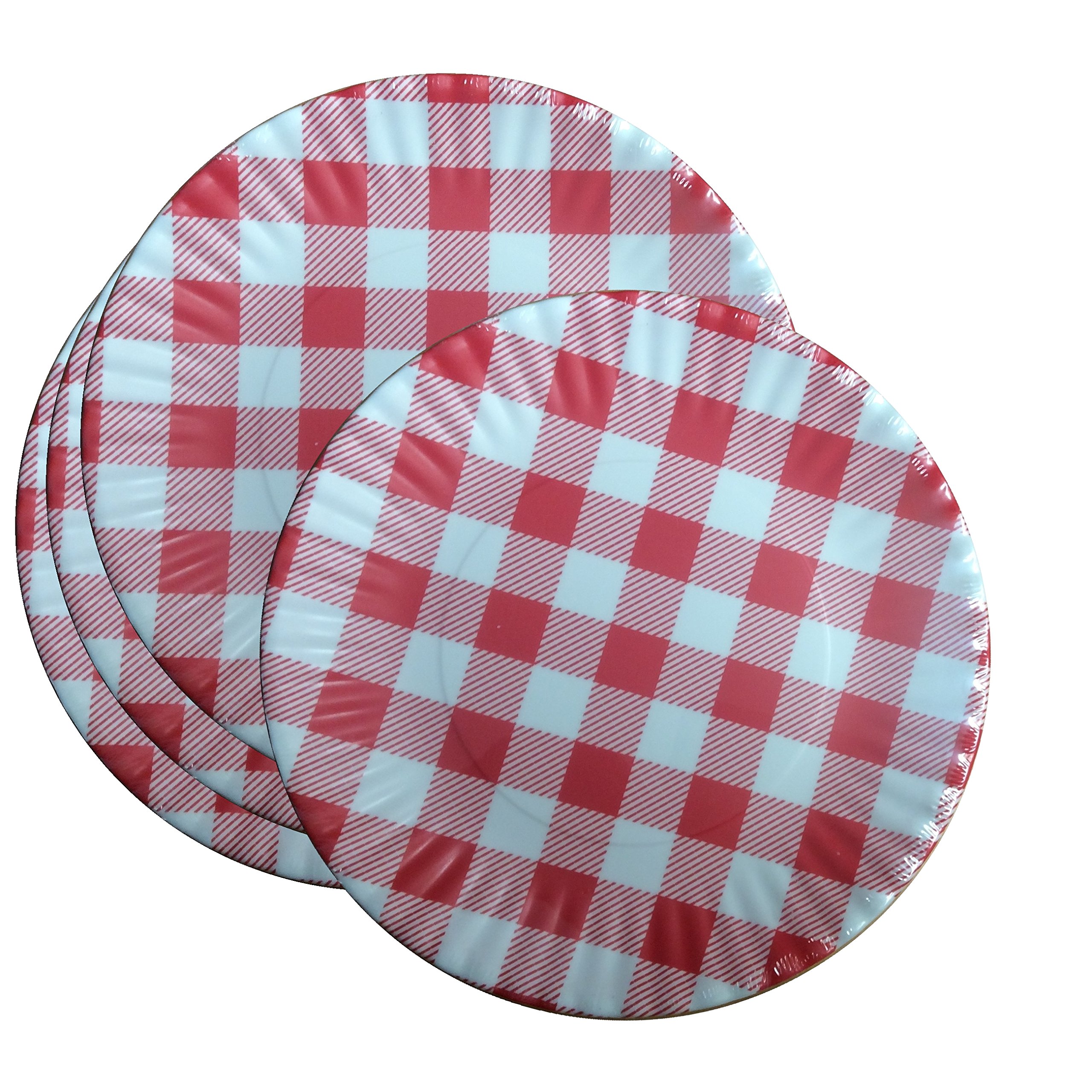 What Is It?" Reusable Red & White Gingham Checkered Picnic/Dinner Plate, 7.5 Inch Melamine, Set of 4