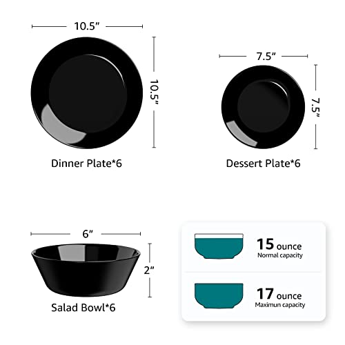 Black Dinnerware Set, HomeElves 18-PCS Kitchen Opal Dishes Set Service for 6, Lightweight Glass Plates and Bowls Set, Break and Chip Resistant, Microwave & Dishwasher Safe, Round