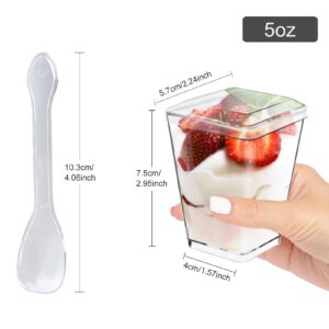 LOVLLE 5oz Dessert Parfait Cups with Lids and Spoons, 30 Pack Square Plastic Small Mini Clear Appetizer Bowls with Lids, for Party Fruit Ice Cream Pudding Mousse (5 oz)