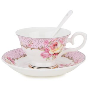 kitchenexus porcelain tea cup and saucer vintage ceramic tea cup elegant floral tea cup and saucer with matching spoon british tea cup coffee cup set (8.11oz/230ml)