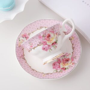 Kitchenexus Porcelain Tea Cup and Saucer Vintage Ceramic Tea Cup Elegant Floral Tea Cup and Saucer with Matching Spoon British Tea Cup Coffee Cup Set (8.11oz/230ml)