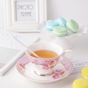 Kitchenexus Porcelain Tea Cup and Saucer Vintage Ceramic Tea Cup Elegant Floral Tea Cup and Saucer with Matching Spoon British Tea Cup Coffee Cup Set (8.11oz/230ml)