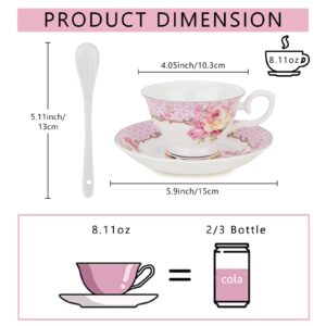 Kitchenexus Porcelain Tea Cup and Saucer Vintage Ceramic Tea Cup Elegant Floral Tea Cup and Saucer with Matching Spoon British Tea Cup Coffee Cup Set (8.11oz/230ml)