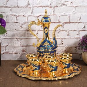 Vintage Turkish Coffee Pot Set, Turkish Teapot with Tray and 6 Tea Glasses, Turkish Coffee Cups Set Metal, Turkish Tea Glasses Set Coffee Pot Moroccan for Home Tea Party