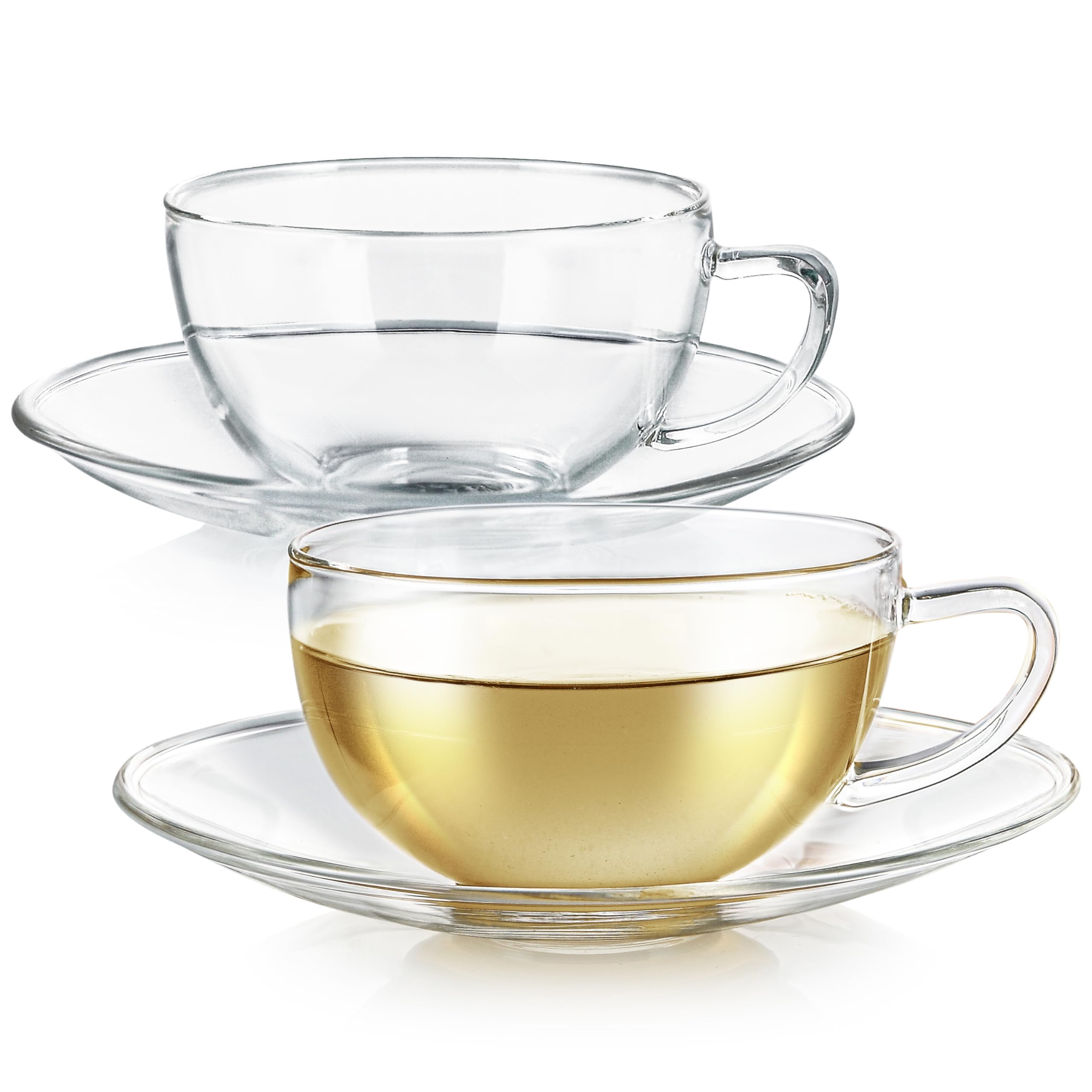 Teabloom Kyoto Teacup and Saucer Set 2-Pack – Medium Size – 8 OZ/ 240 ML Capacity – Crystal Clear Design – Premium Borosilicate Glass – Heat Resistant, Microwave Safe