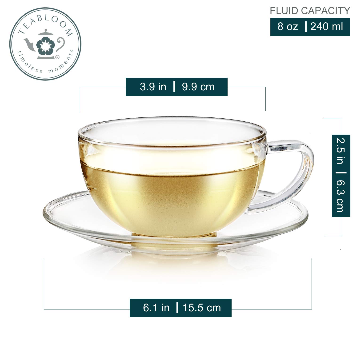 Teabloom Kyoto Teacup and Saucer Set 2-Pack – Medium Size – 8 OZ/ 240 ML Capacity – Crystal Clear Design – Premium Borosilicate Glass – Heat Resistant, Microwave Safe