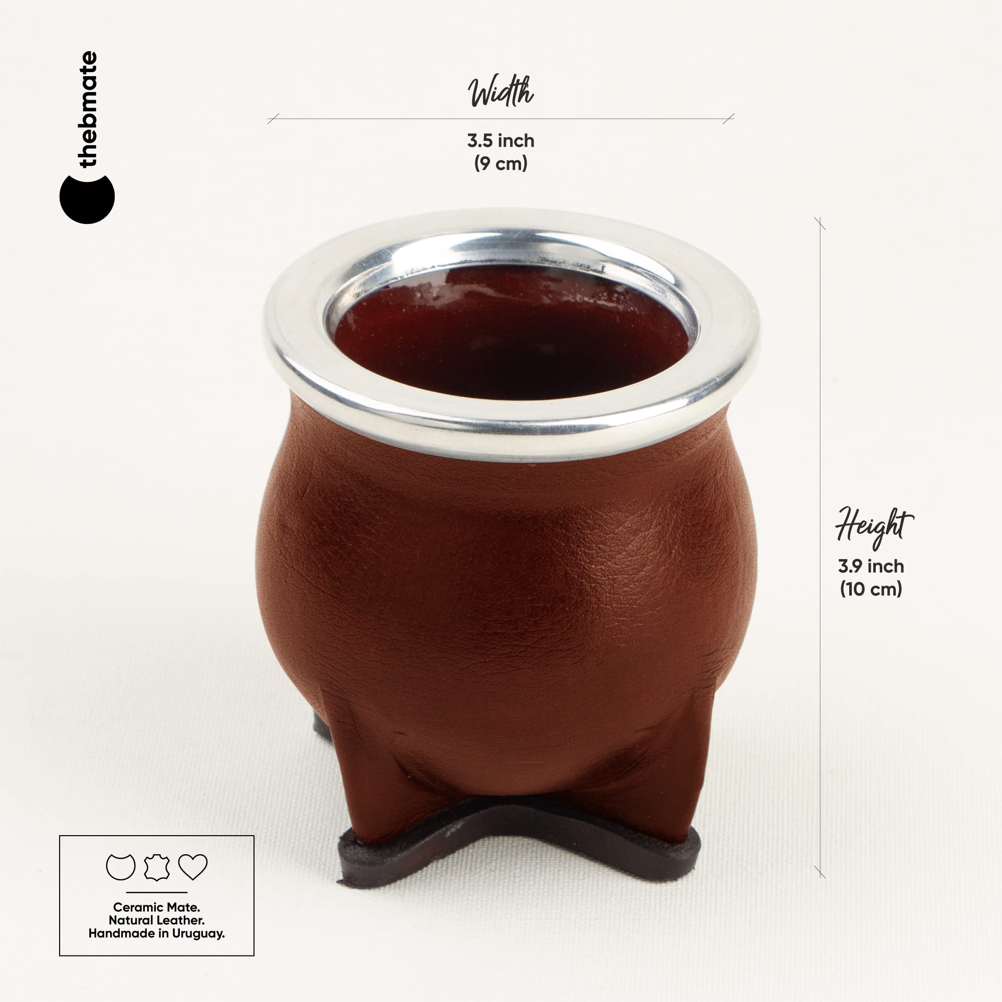 thebmate [Premium Yerba Mate Cup (Mate Gourd) - Crafted Ceramic Teacup - Brown Leather Wrapped Handmade in Uruguay - Mate Camionero - Camionero Style (Coppery Brown)