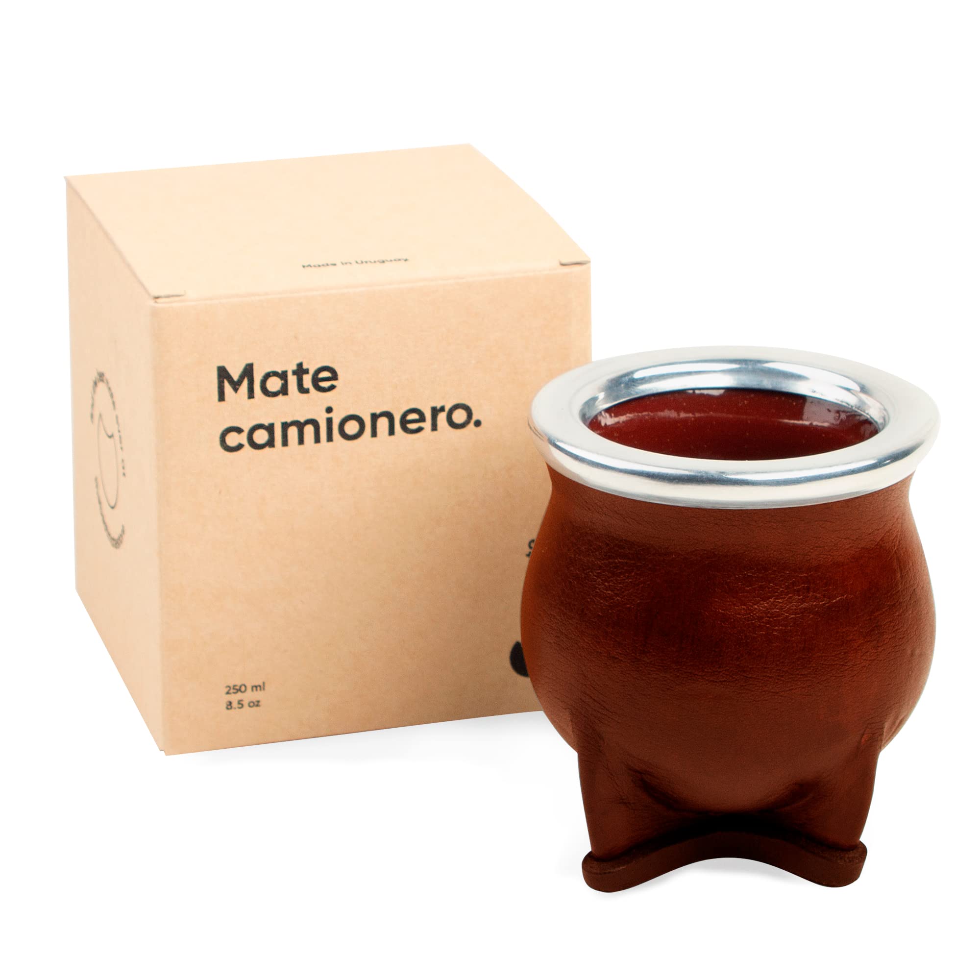 thebmate [Premium Yerba Mate Cup (Mate Gourd) - Crafted Ceramic Teacup - Brown Leather Wrapped Handmade in Uruguay - Mate Camionero - Camionero Style (Coppery Brown)