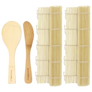 BambooMN Sushi Making Kit, 2x Natural Bamboo Sushi Mat, Paddle, Spreader | 100% Bamboo Sushi Rolling Mat Set