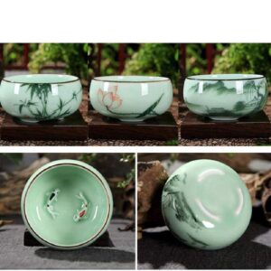 Hotumn Celadon Teacup Porcelain Chinese kungfu Teacup Fishes and Lotus Pattern set of 3