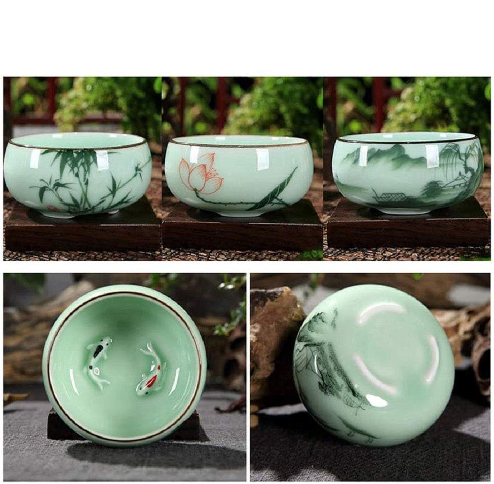 Hotumn Celadon Teacup Porcelain Chinese kungfu Teacup Fishes and Lotus Pattern set of 3